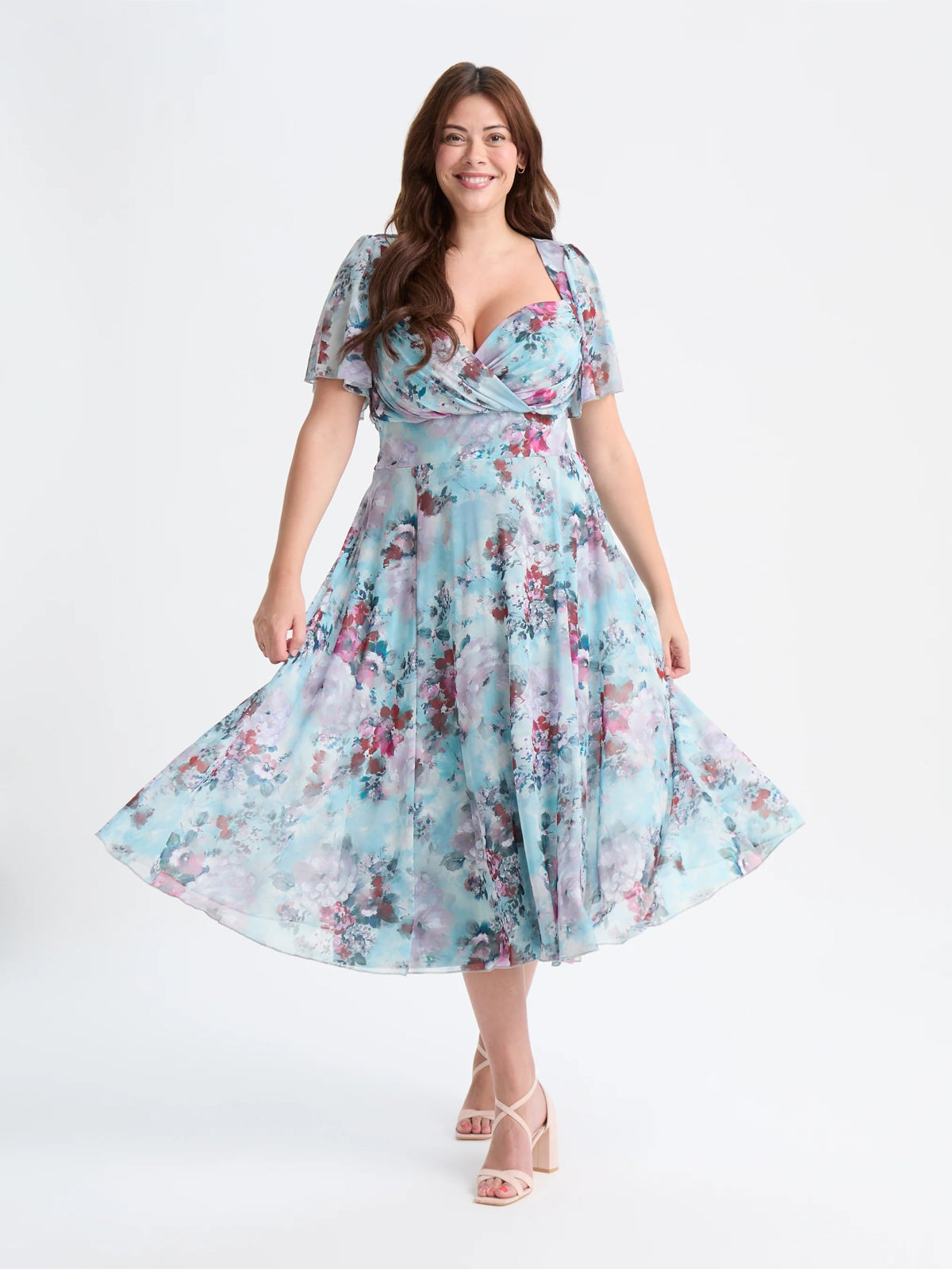Liz Smoke Blue Print Bolero Wrap Bodice Midi Dress | Scarlett & Jo – Curvy Chic Boutique