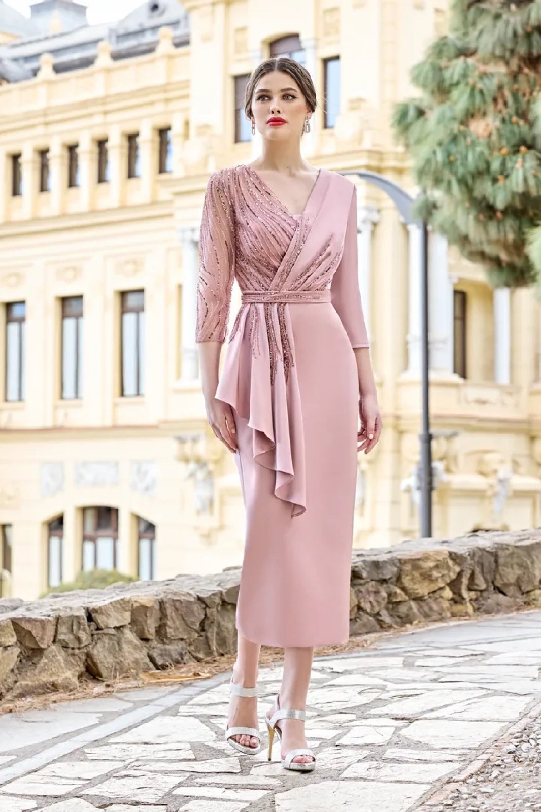 Satin Beaded Rose Midi Length Dress | Sonia Peña | Curvy Chic Boutique